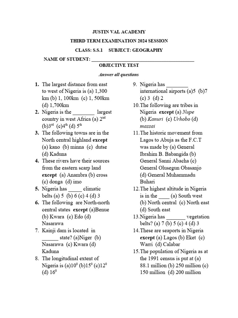 SS1 Geography Third Term Exam 2024 | PDF | Nigeria