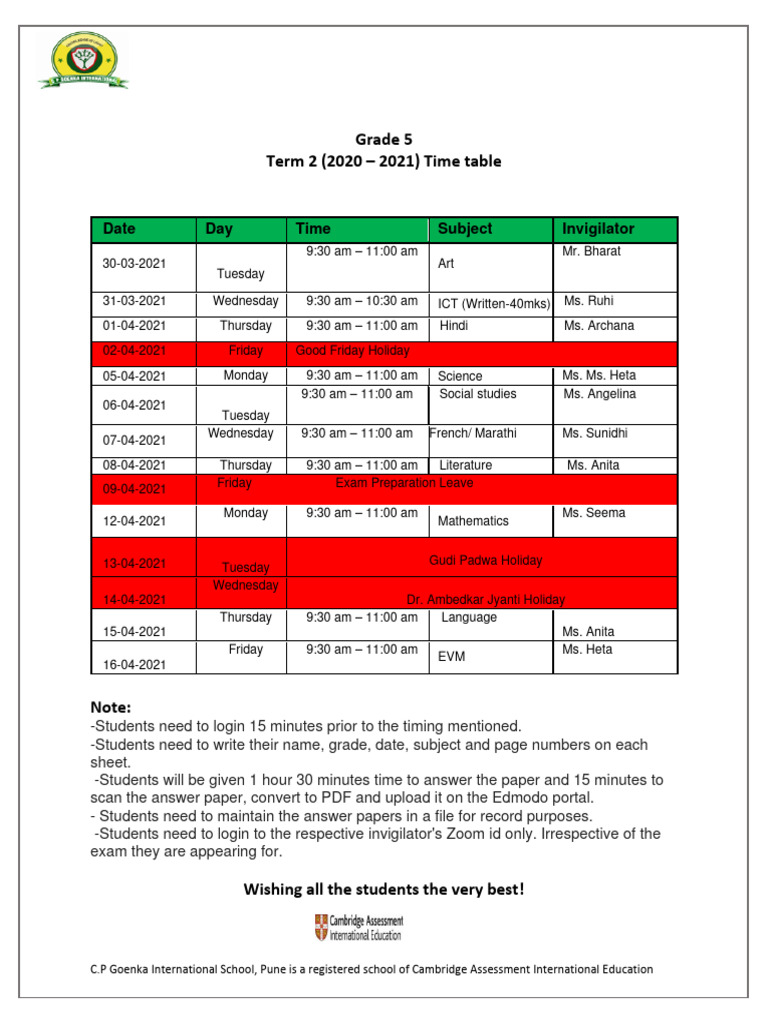 GRADE 5 Time Table | PDF
