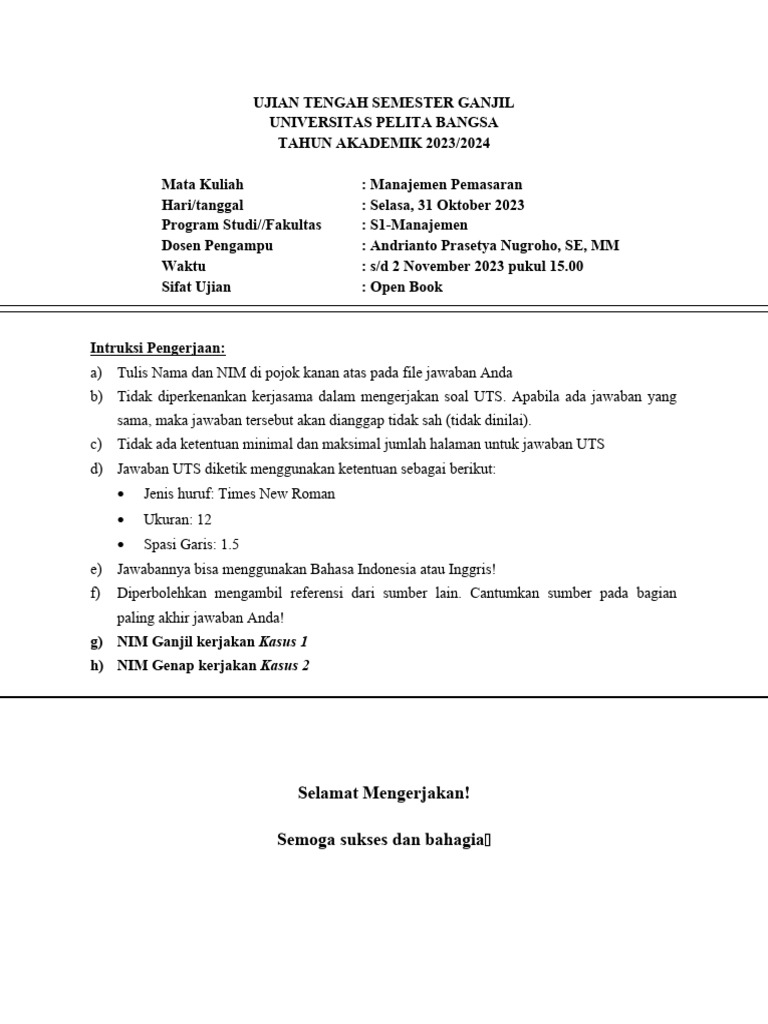 Soal UTS Marketing Management | PDF