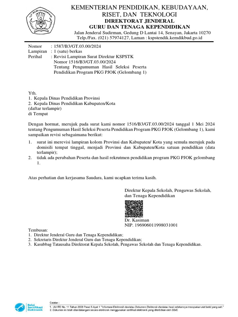 Surat Penetapan Seleksi Peserta Pendidikan Program PKG PJOK Gelombang | PDF