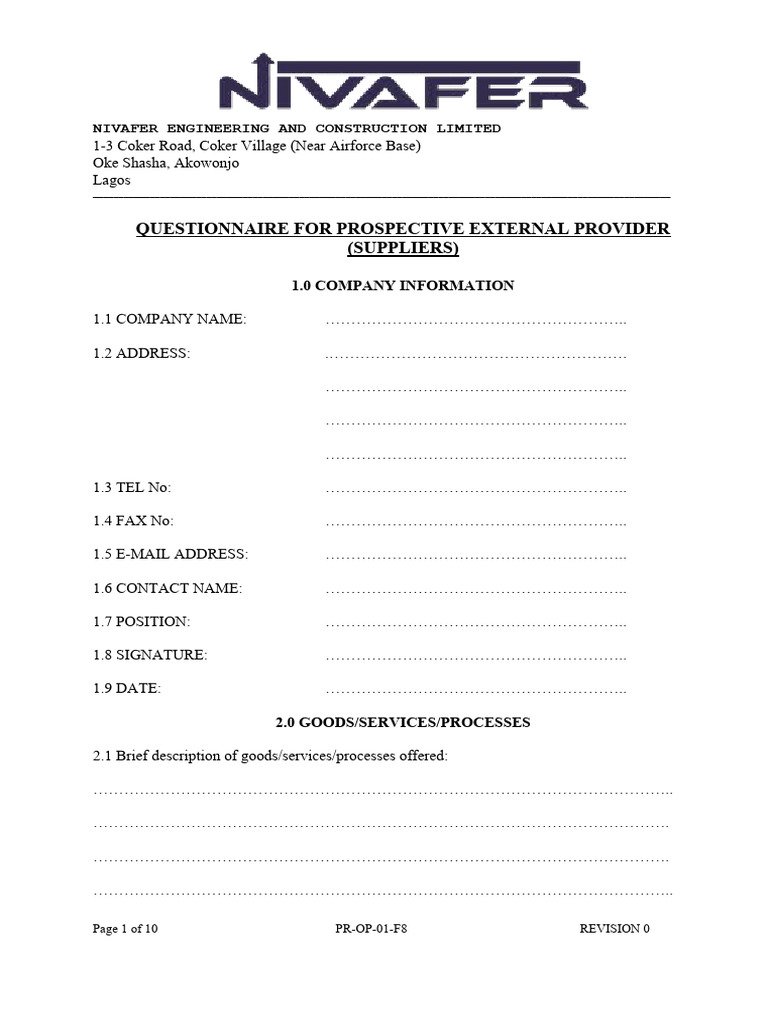 PR-OP-01-F8 - QUESTIONNAIRE FOR PROSPECTIVE EXTERNAL PROVIDER SUPPLIERS ...