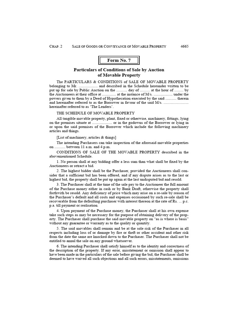 Form No. 7 Particulars of Conditions of Sale by Auction of Movable ...