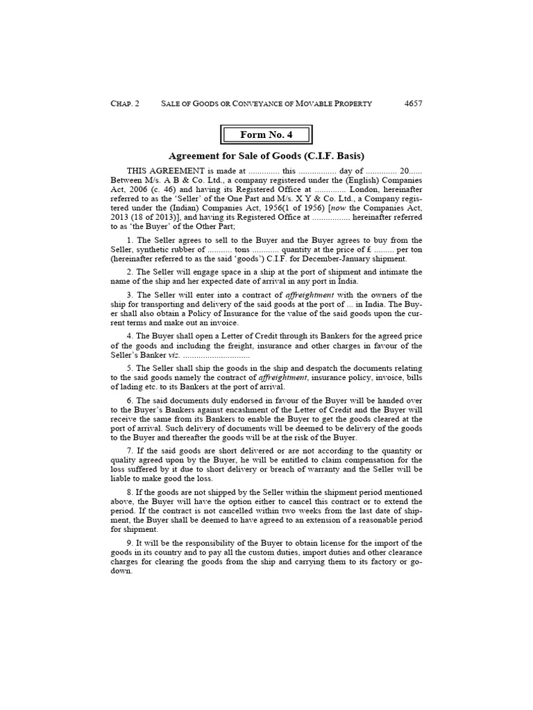 Form No. 4 Agreement For Sale of Goods (C.I.F. Basis) : HAP Ale of Oods or Onveyance of Ovable ...