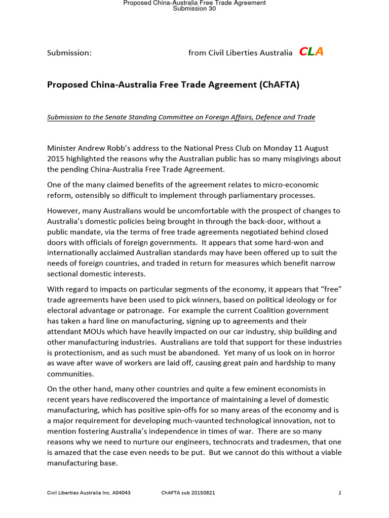 ChAFTA Submission by Civil Liberties Australia | PDF | Employment ...