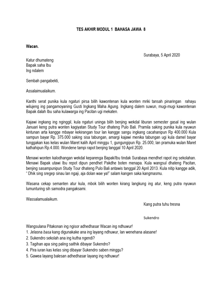Tes Akhir Modul 1 Bahasa Jawa 8 | PDF