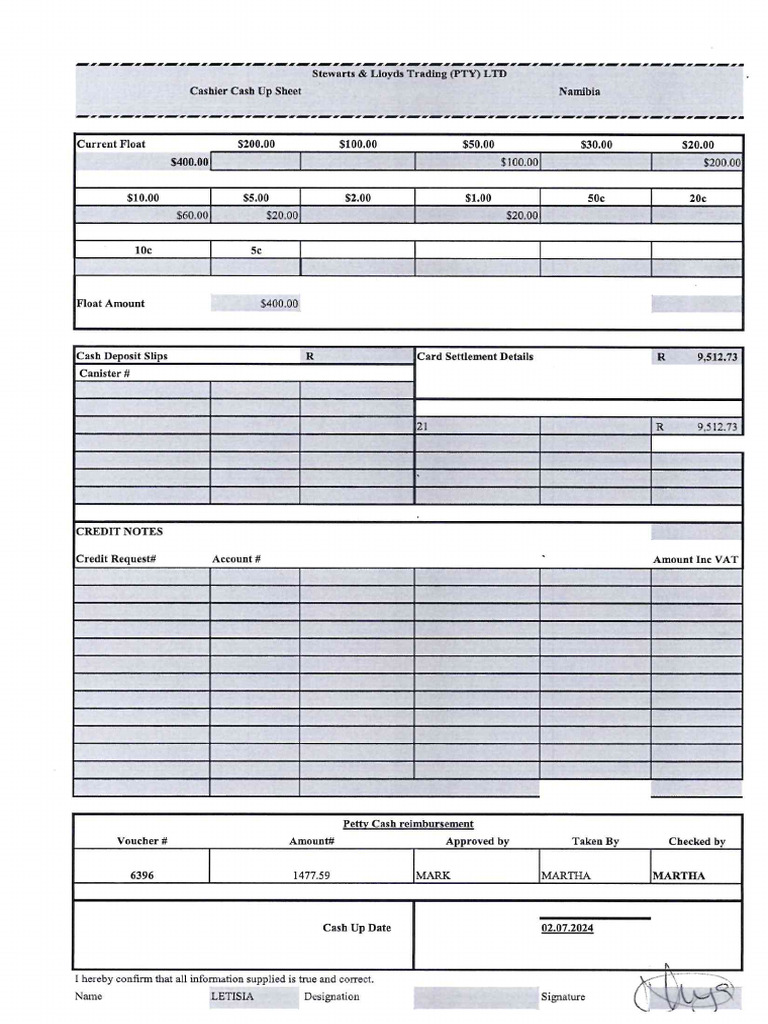 Cash Up Sheet 2024.07.02-Letisia | PDF