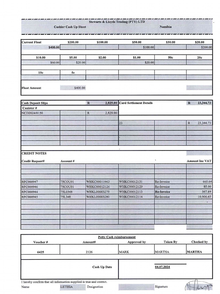 Cash Up Sheet 2024.07.04-Letisia | PDF