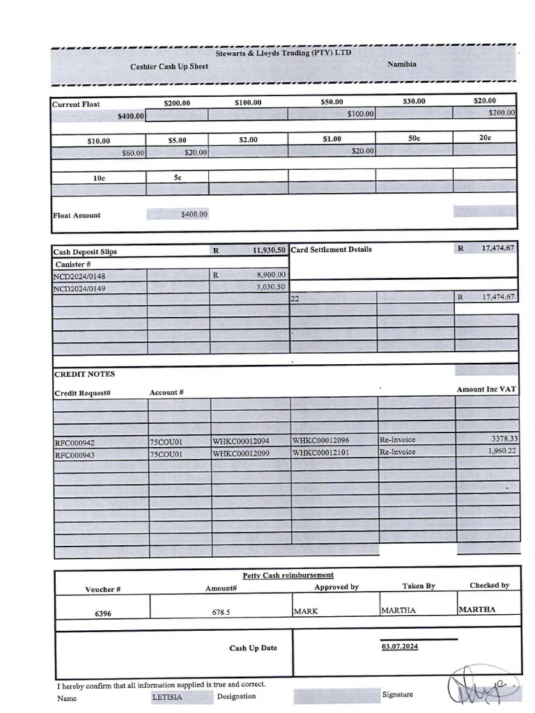 Cash Up Sheet 2024.07.03-Letisia | PDF
