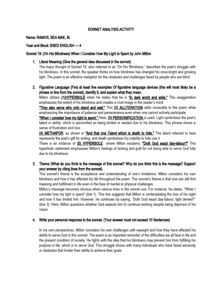 Ramos-Sonnet 19 Analysis | PDF | Visual Impairment | Poetry