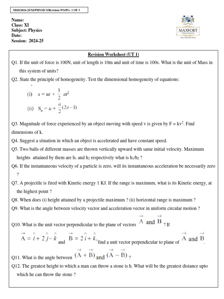 Physics Revision WS XI For UT 1 | PDF | Force | Acceleration