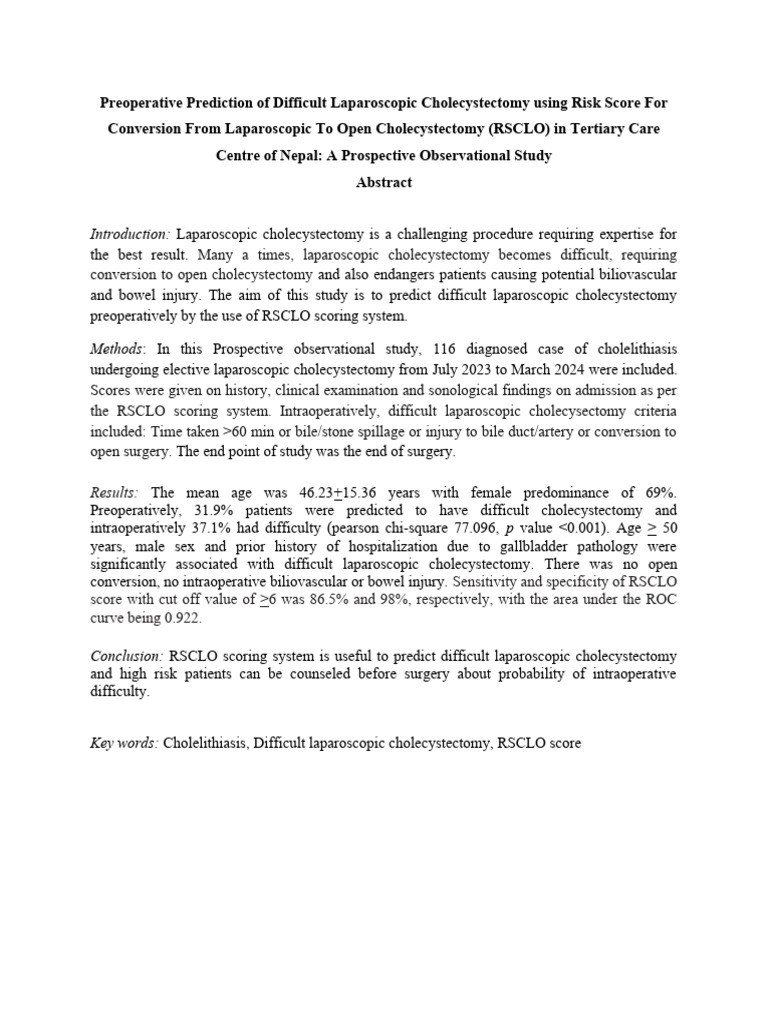 Preoperative Prediction of Difficult Laparoscopic Cholecystectomy Using Risk Score For ...