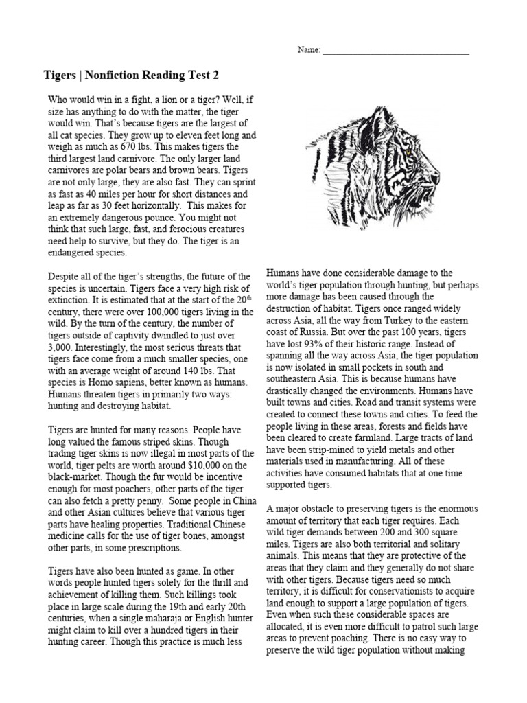 Nonfiction Reading Test 2 Tigers | PDF | Tiger | Poaching
