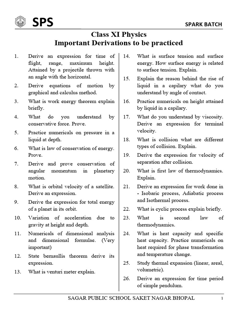 Important Derivation and Question Physics | PDF | Momentum | Heat