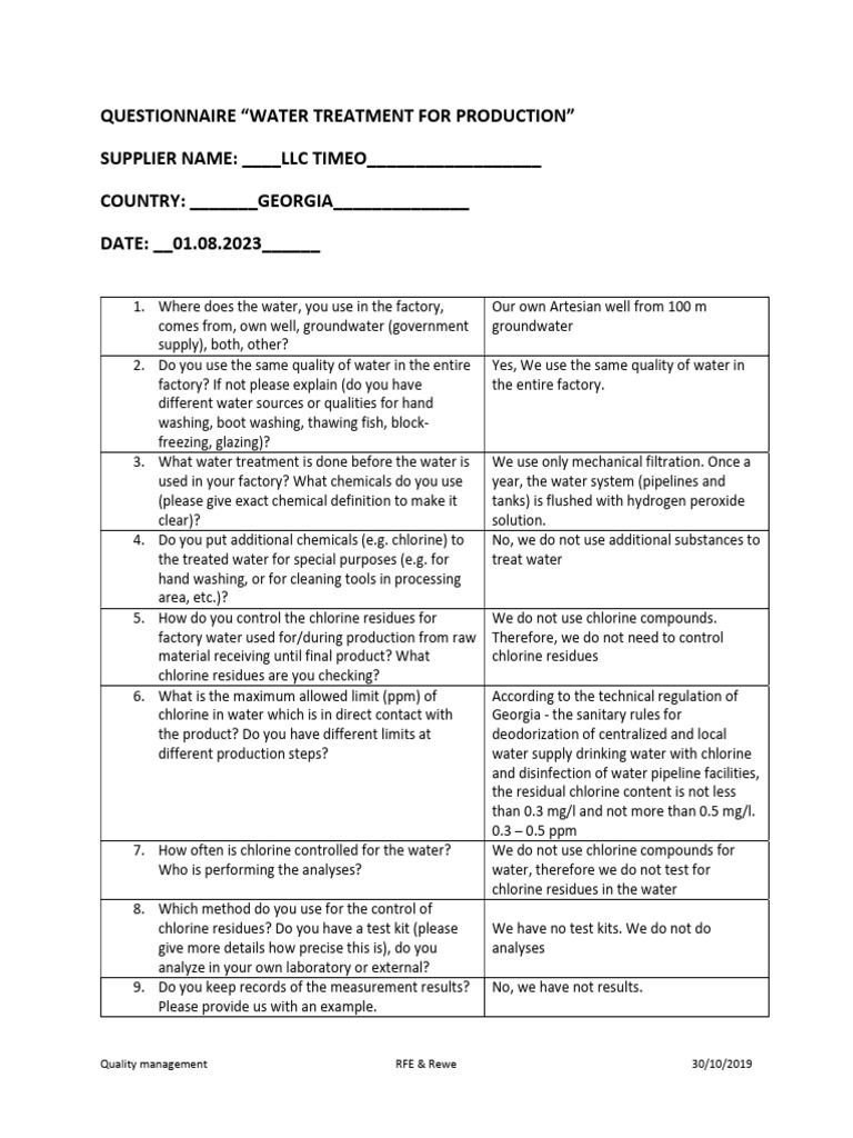 Questionnaire Chlorate Snails | PDF | Chlorine | Water