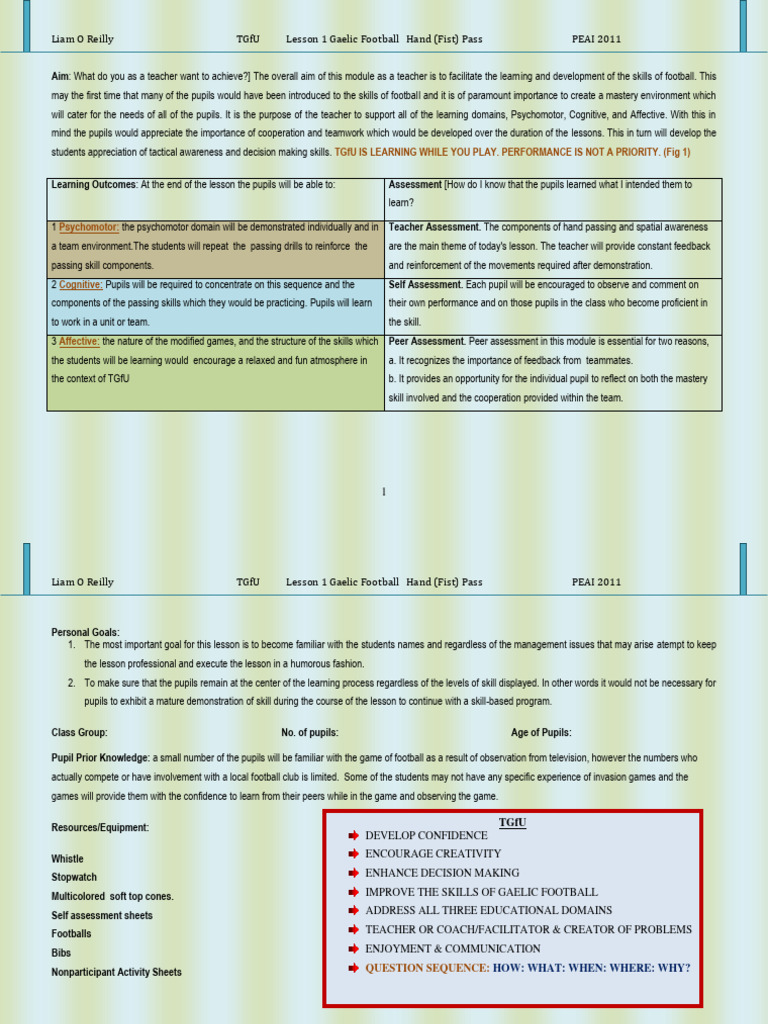 PE Lesson Plan 1 TGFU Gaelic Football | PDF | Learning | Teachers