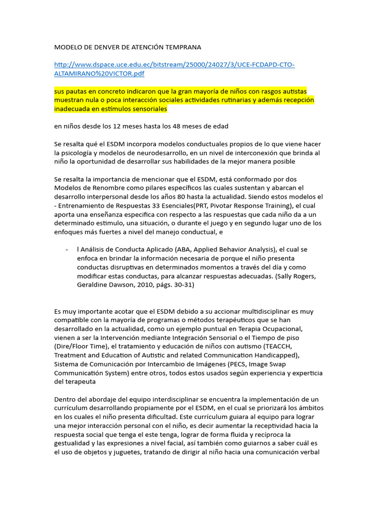 Modelo de Denver de Atención Temprana | PDF | Espectro autista | Plan ...