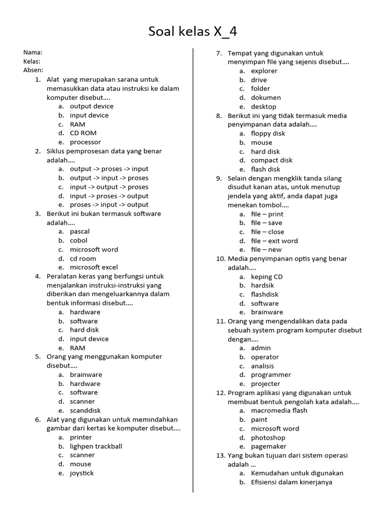 Soal Kelas X - 4 (Cetak) | PDF
