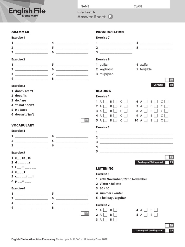 EF4e File Test 6B Answer Sheet | PDF | Linguistics | Human Communication