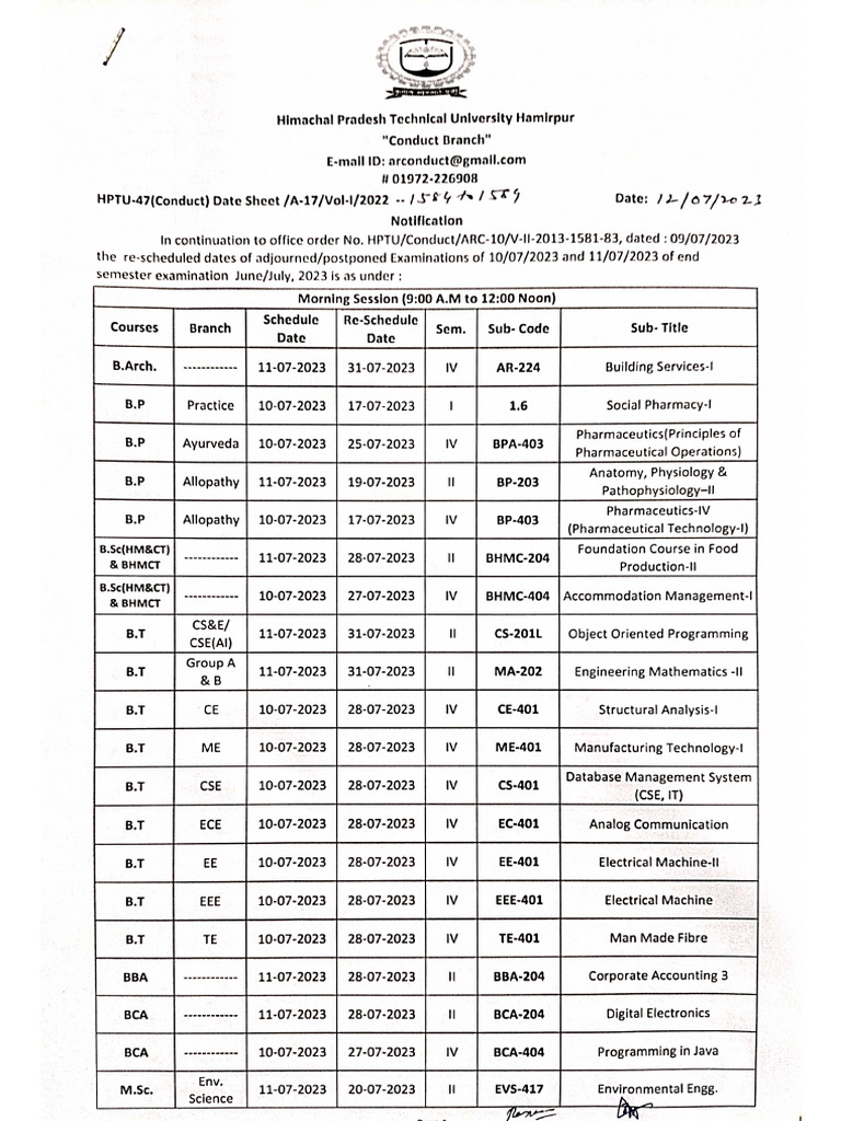 13 07 23 Re Schedule Datesheet | PDF