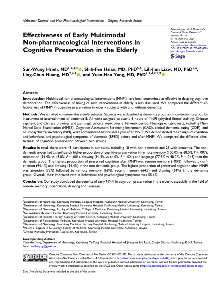 Effectiveness of Early Multimodal Non-Pharmacological Interventions in Cognitive Preservation in ...