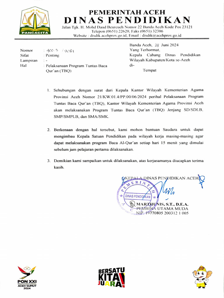 Surat Program Tuntas Baca Qur'an | PDF