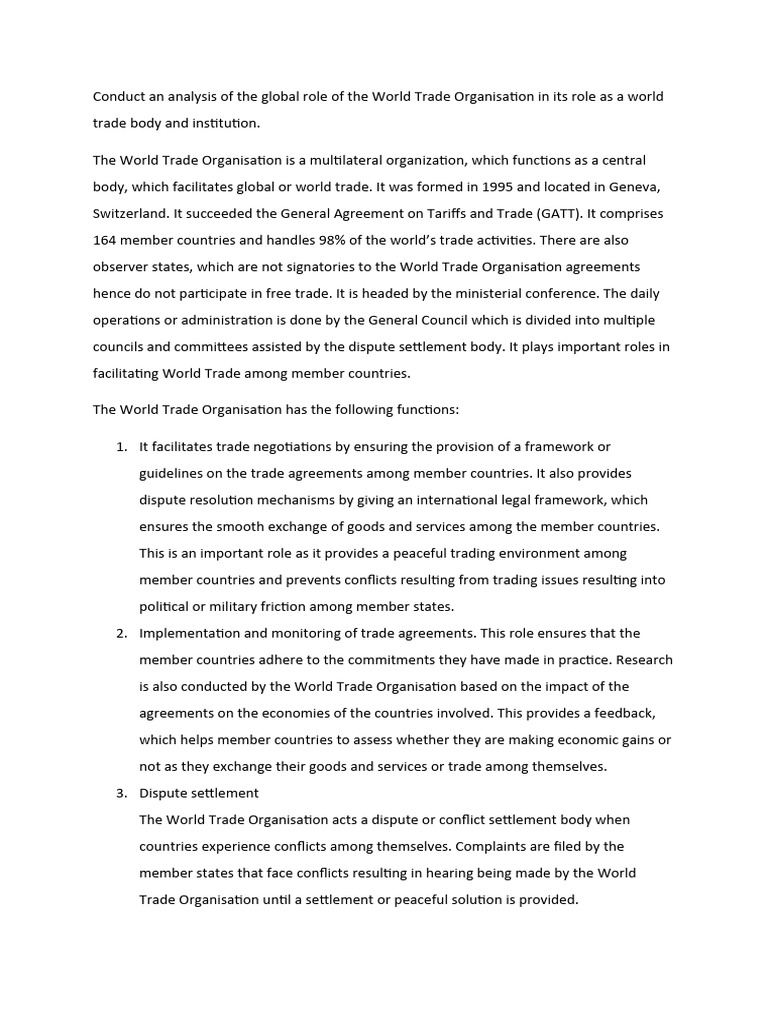 Conduct An Analysis of The Global Role of The World Trade Oraganisation ...
