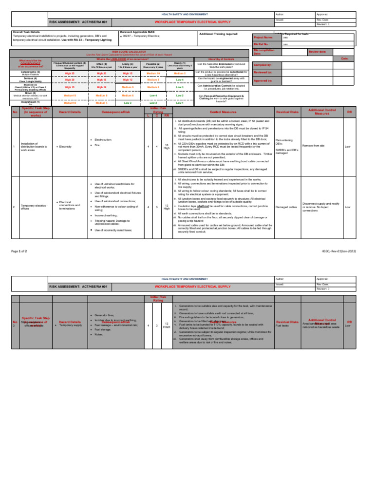 Risk Assessment - Workplace Temporary Electrical Supply | PDF ...