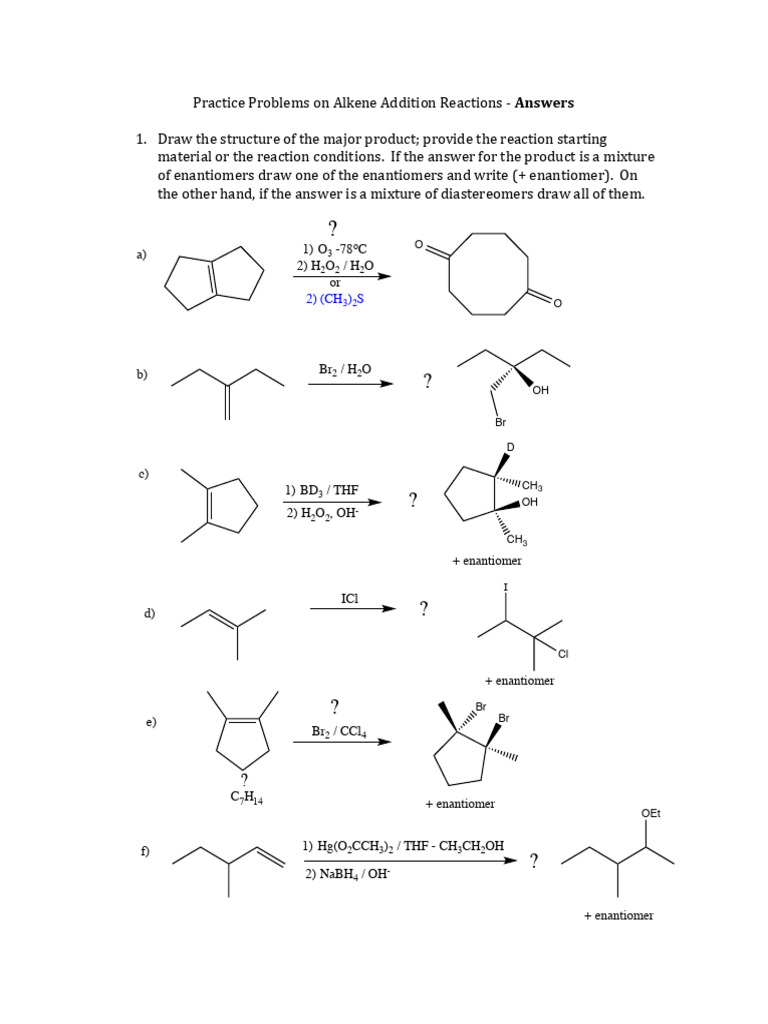 Alkene Addition Reaction Practice Problems | PDF | Organic Chemistry ...