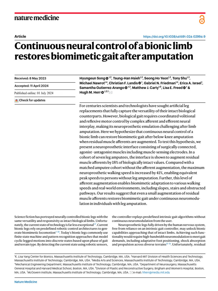 Continuous Neural Control of a Bionic Limb Restores Biomimetic Gait After Amputation | PDF ...