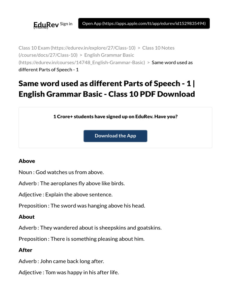 Same Word Used As Different Parts of Speech - 1 - English Grammar Basic - Class 10 PDF Download ...