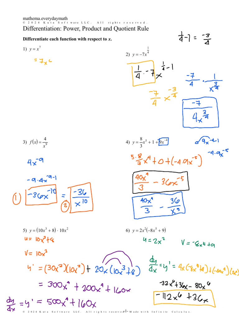 Differentiation Power, Product and Quotient Rule WITH EXPLANATIONS | PDF
