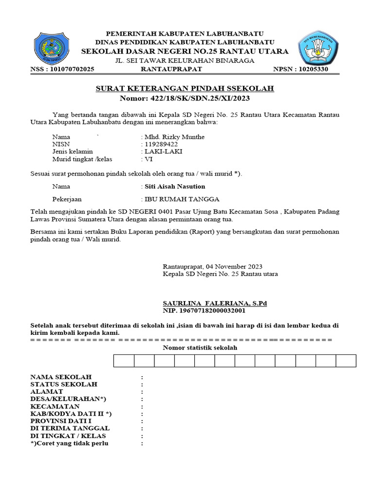 SURAT KETERANGAN Pindah Arfa | PDF