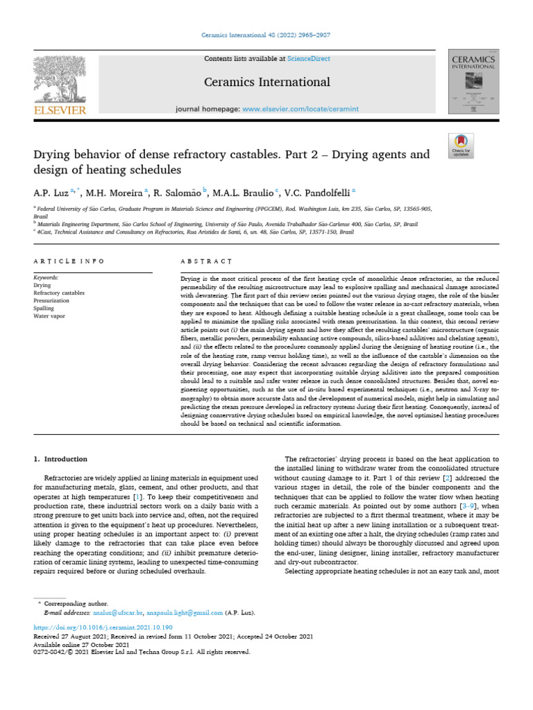Drying Behavior of Dense Refractory Castables. Part 2 - Drying Agents ...