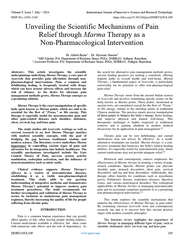 Unveiling The Scientific Mechanisms of Pain Relief Through Marma Therapy As A Non ...