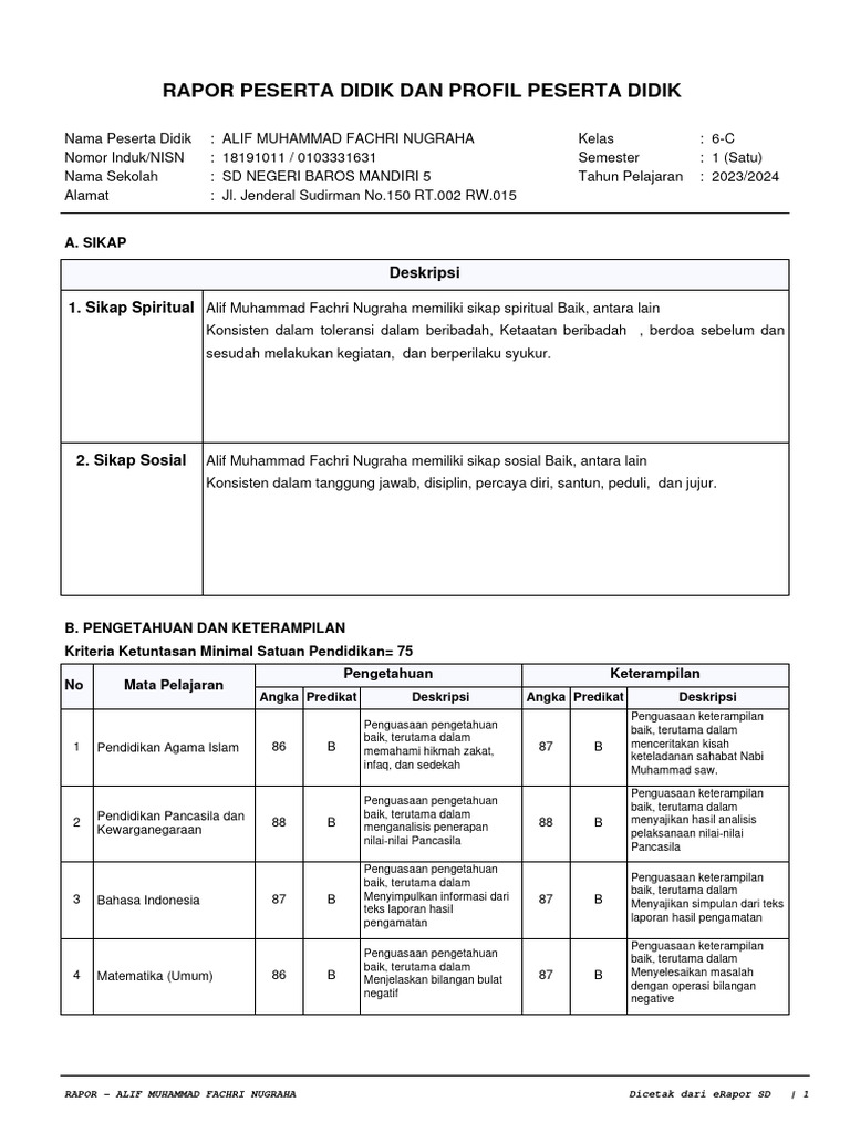 Rapor Alif Muhammad Fachri Kelas 6-C | PDF