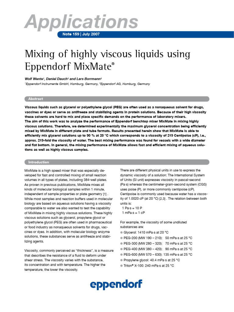 Application Note - 159 - MixMate - Mixing of Highly Vis | PDF | Viscosity | Polyethylene Glycol