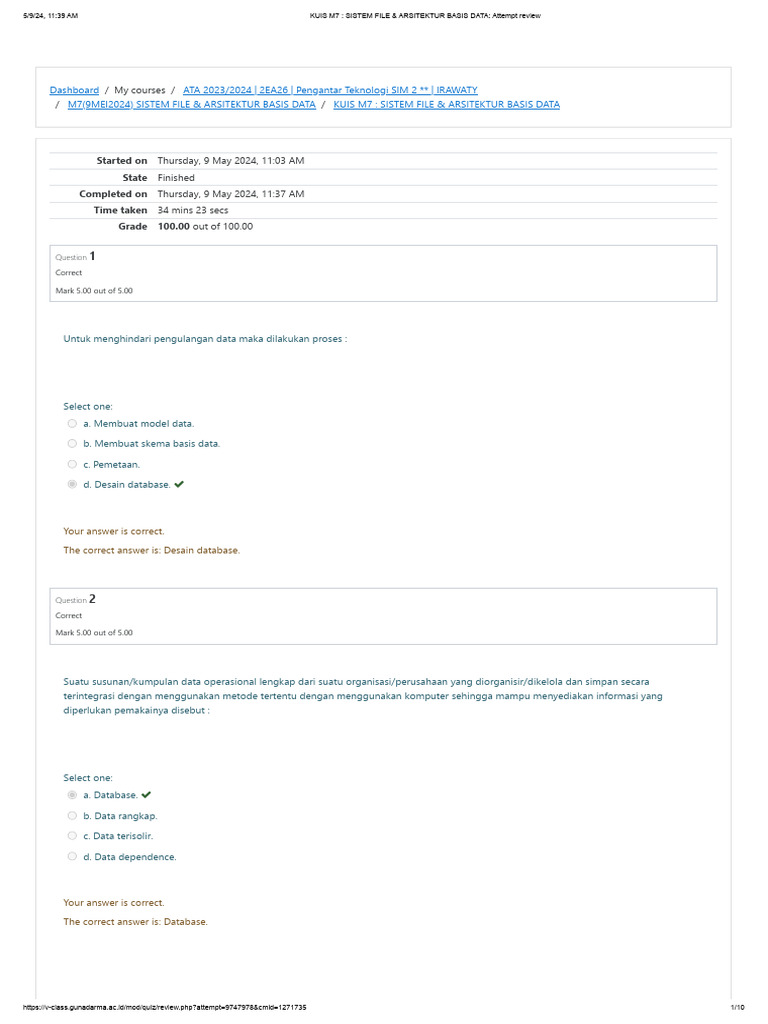 KUIS M7 - SISTEM FILE & ARSITEKTUR BASIS DATA - Attempt Review | PDF | Bisnis | Komputer