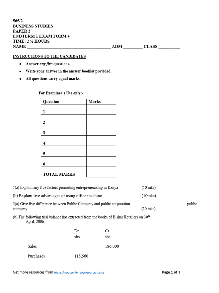 Endterm 1 Exam BST Form 4 P2 Q | PDF | Cash | Cheque