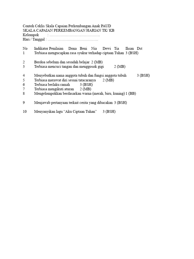 Contoh Ceklis Skala Capaian Perkembangan Anak PAUD | PDF