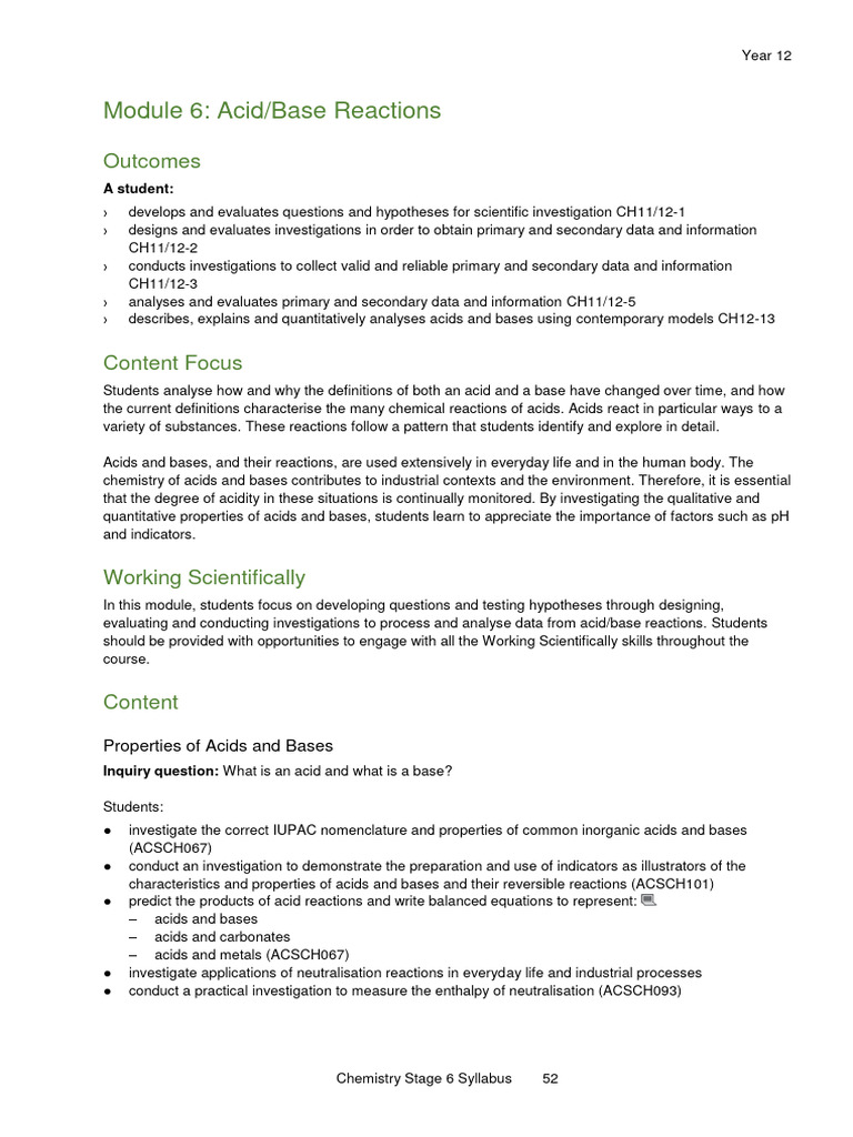 Chemistry Module 6 Syllabus | PDF | Acid | Ph