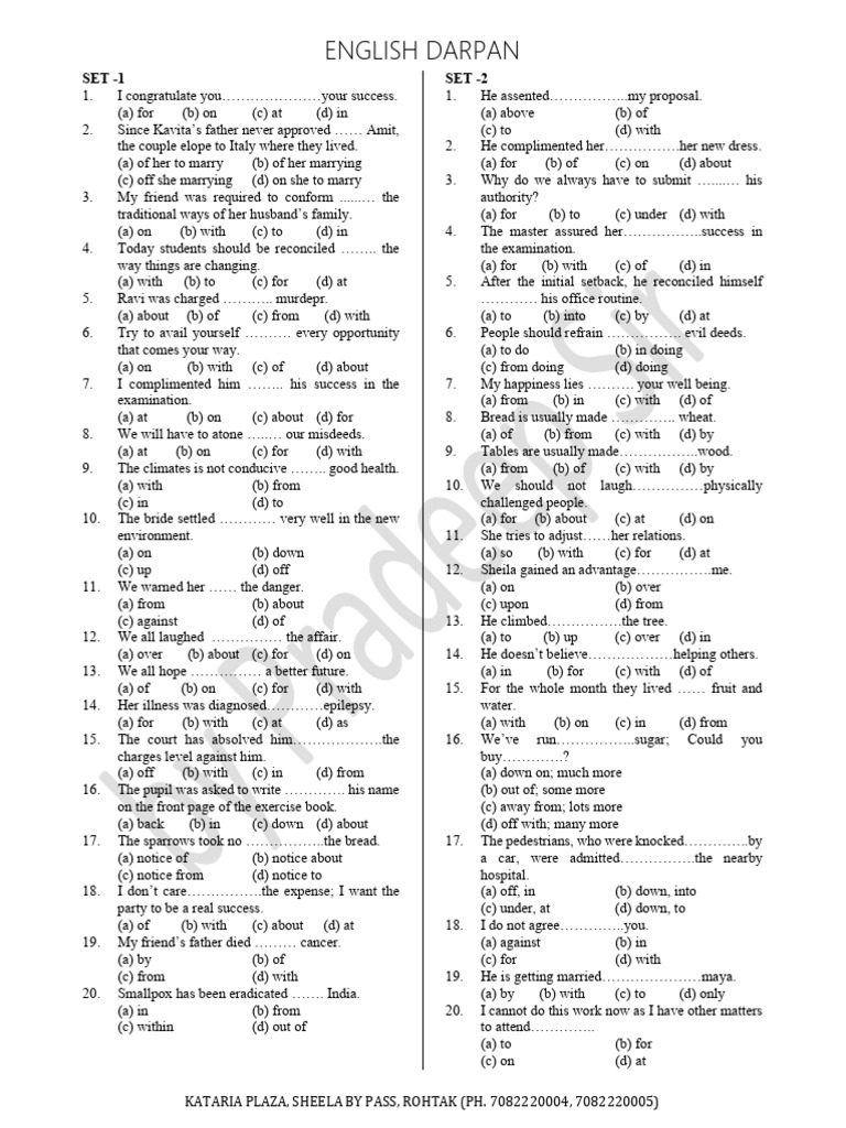 Preposition Sheet With Answer Key | PDF