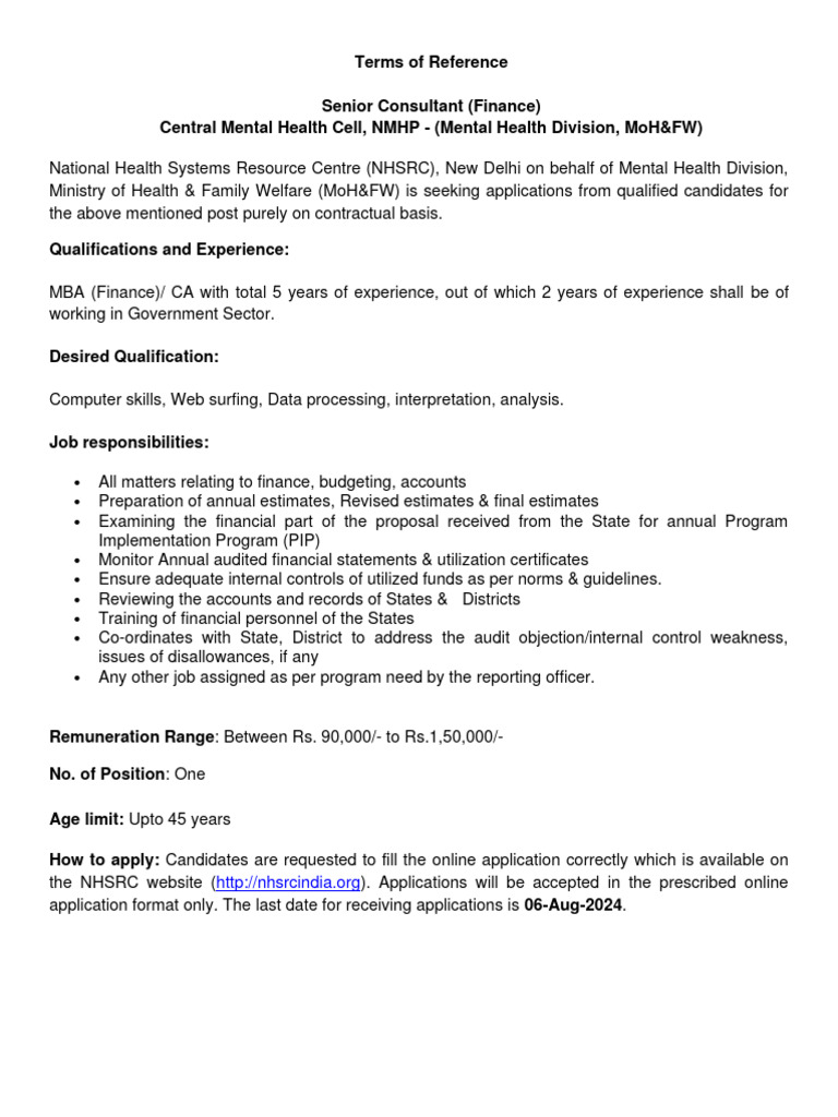 Final Terms of Reference For The Post of Senior Consultant-Finance | PDF