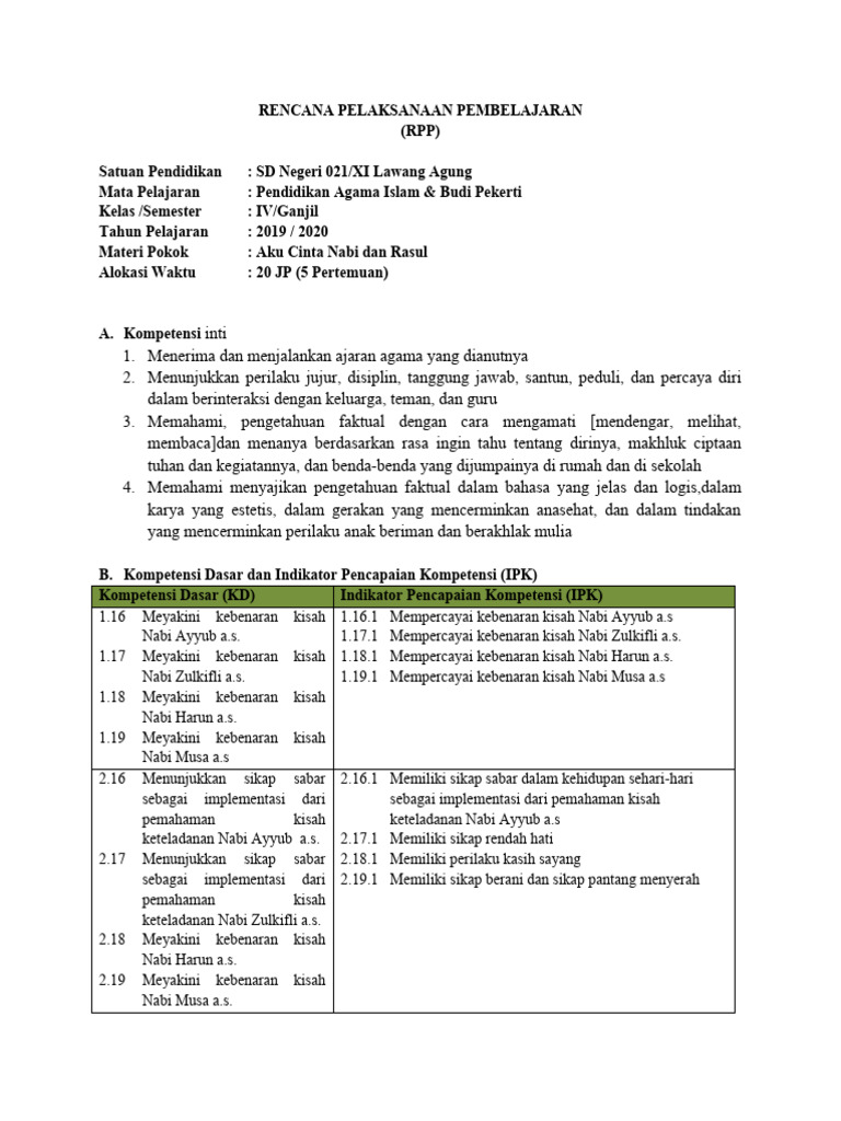 RPP Kls 4 Semester 1 Aku Cinta Nabi Dan Rasul | PDF