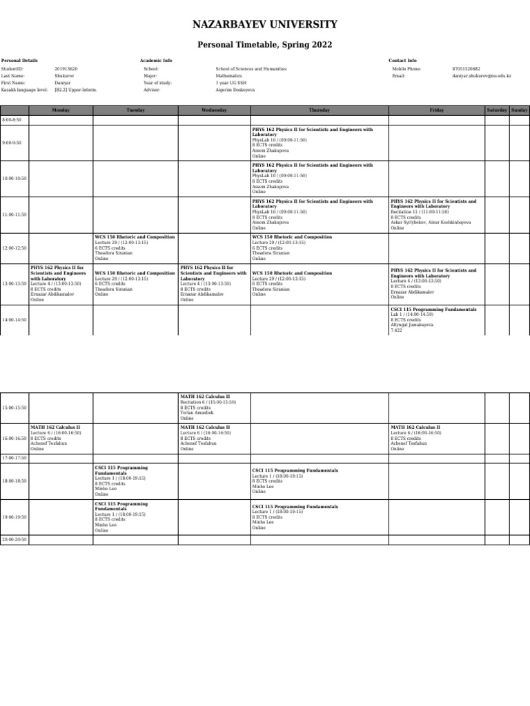 Spring 2022 Timetable for Daniyar Shukurov | PDF