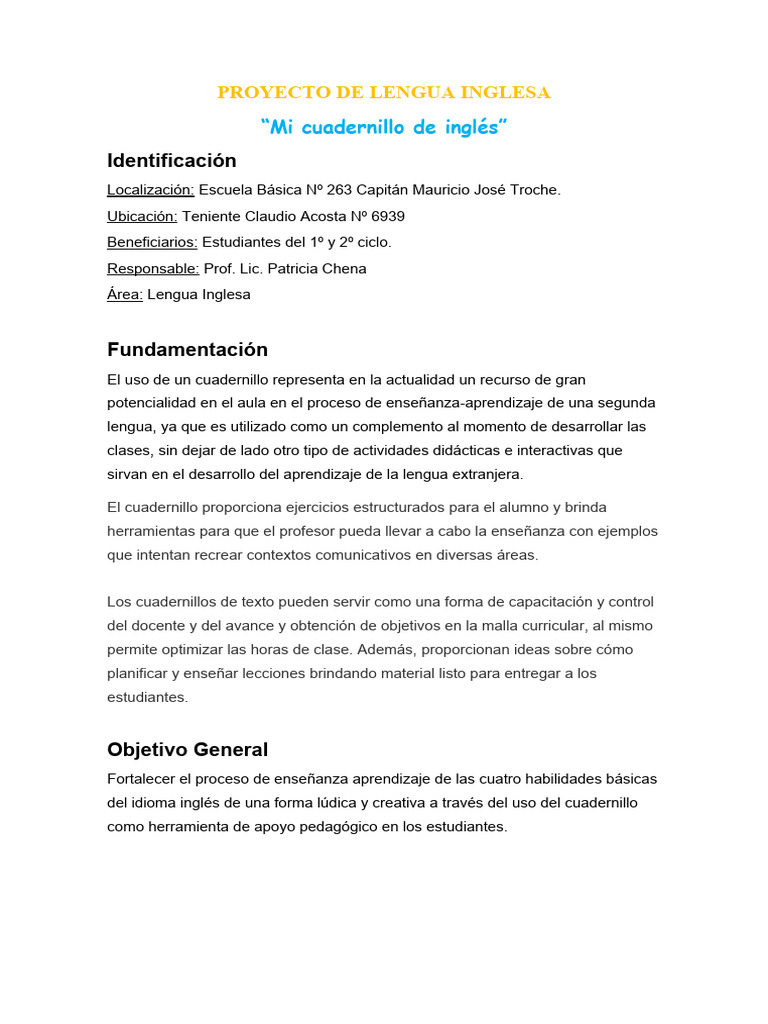 Proyecto Cuadernillo de Ingles 2024 | PDF | Enseñando | Maestros