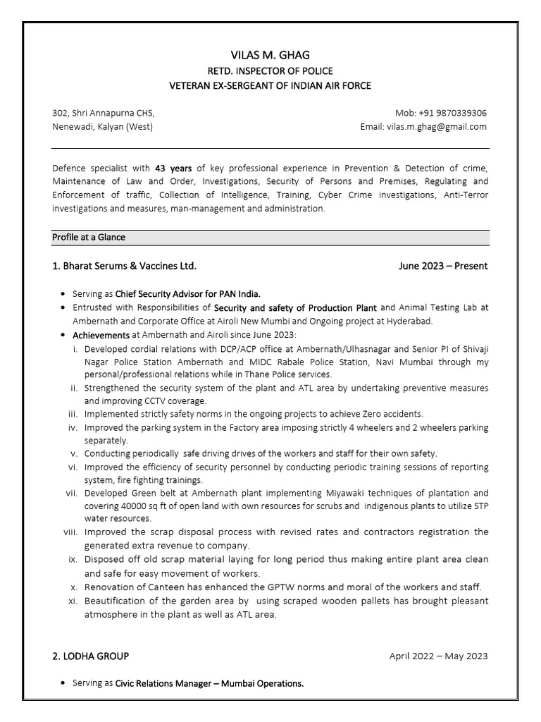 Resume - Vilas M Ghag - Jan 2024 | PDF | Police | Mumbai