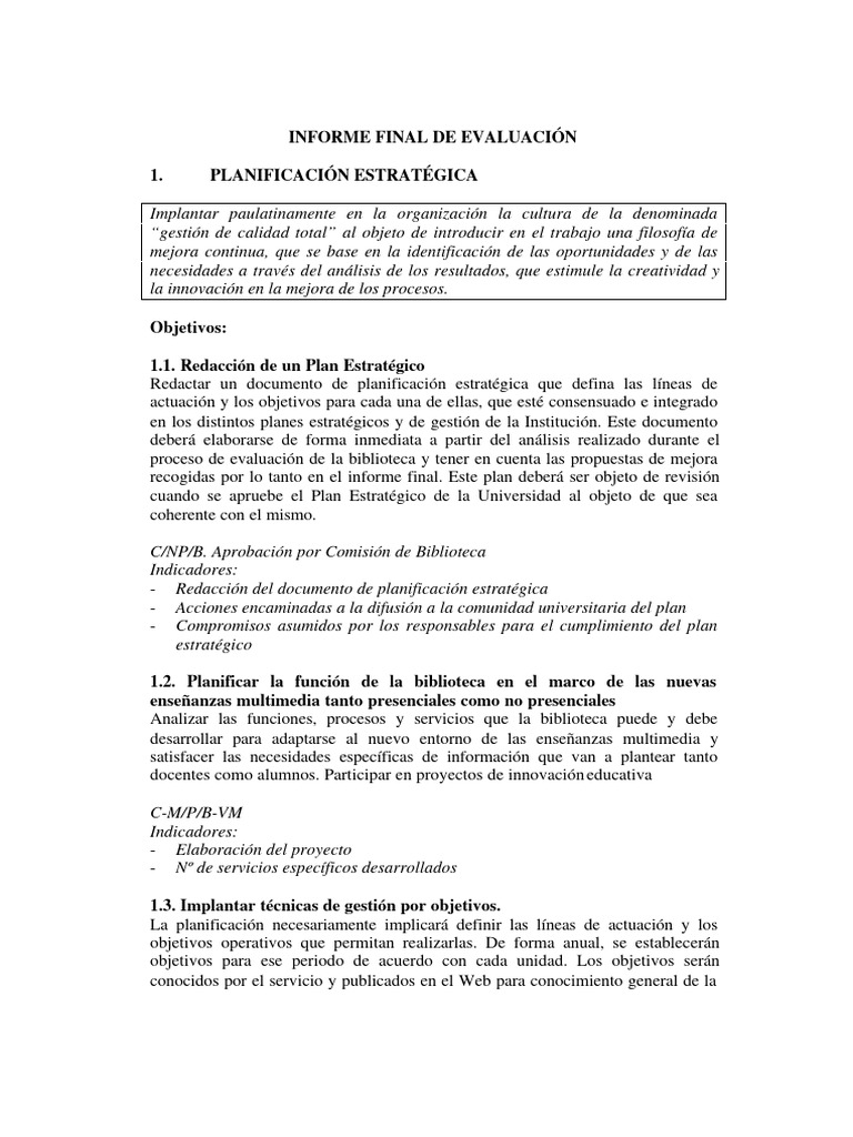 Informe Final de La Evaluación | PDF | Bibliotecas | Planificación ...