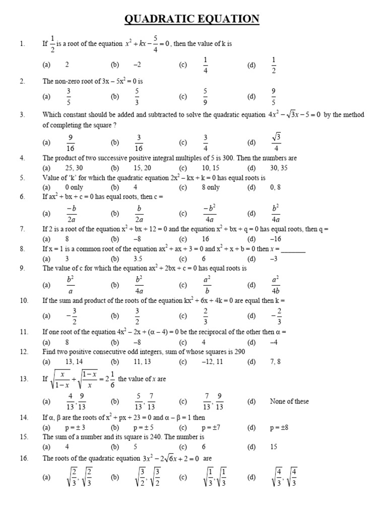 Quadratic Equations - Worksheet | PDF | Quadratic Equation | Area