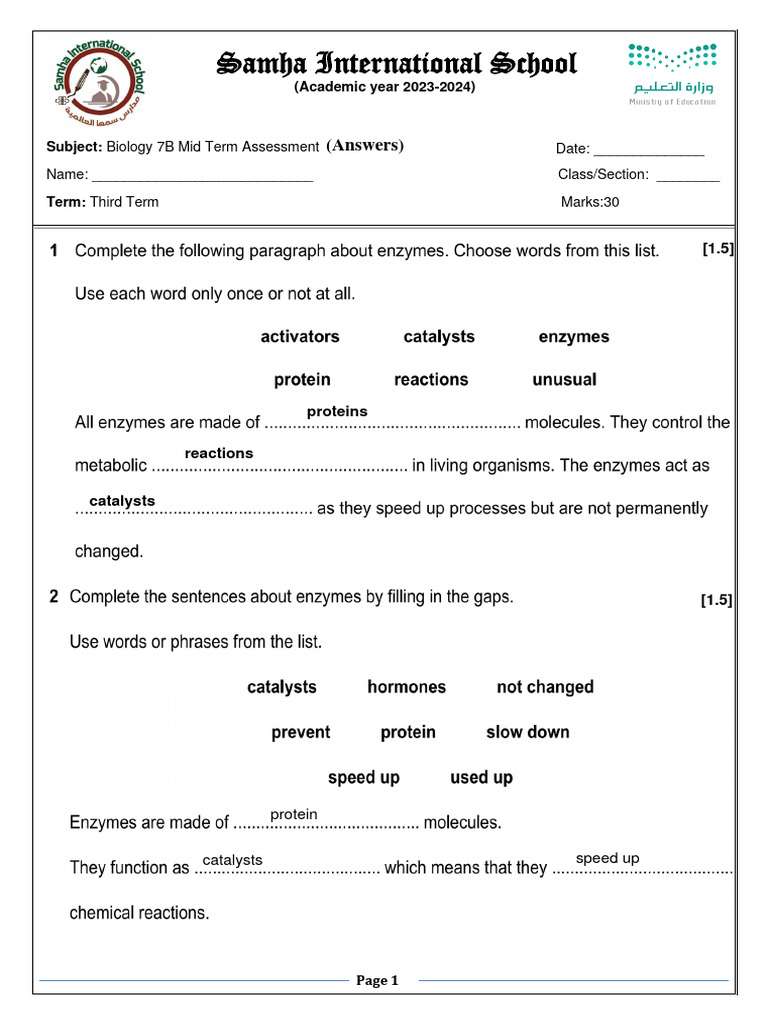 Biology 7B Mid Term Assessment (Answer) | PDF