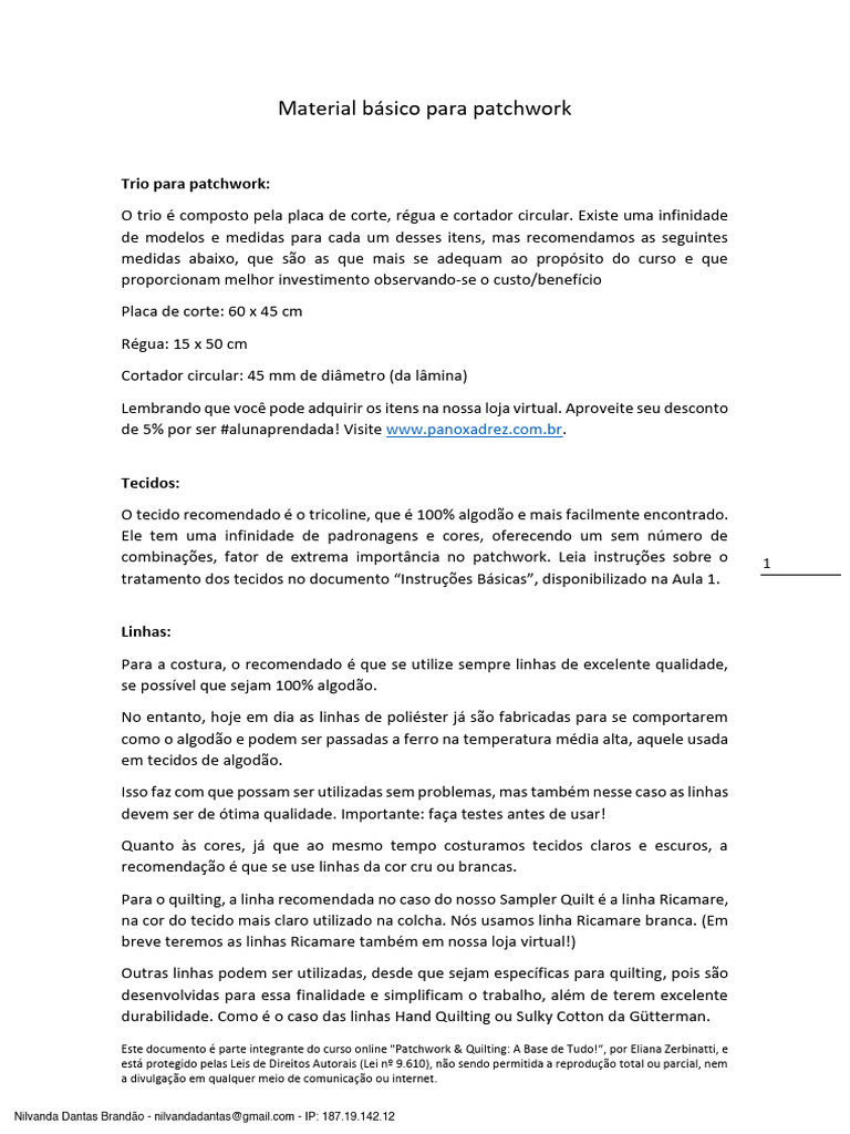 Material Básico para Patchwork | PDF | Retalhos | Algodão
